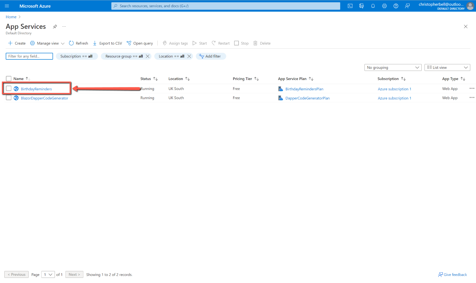 Deploying to Azure - Birthday Reminders