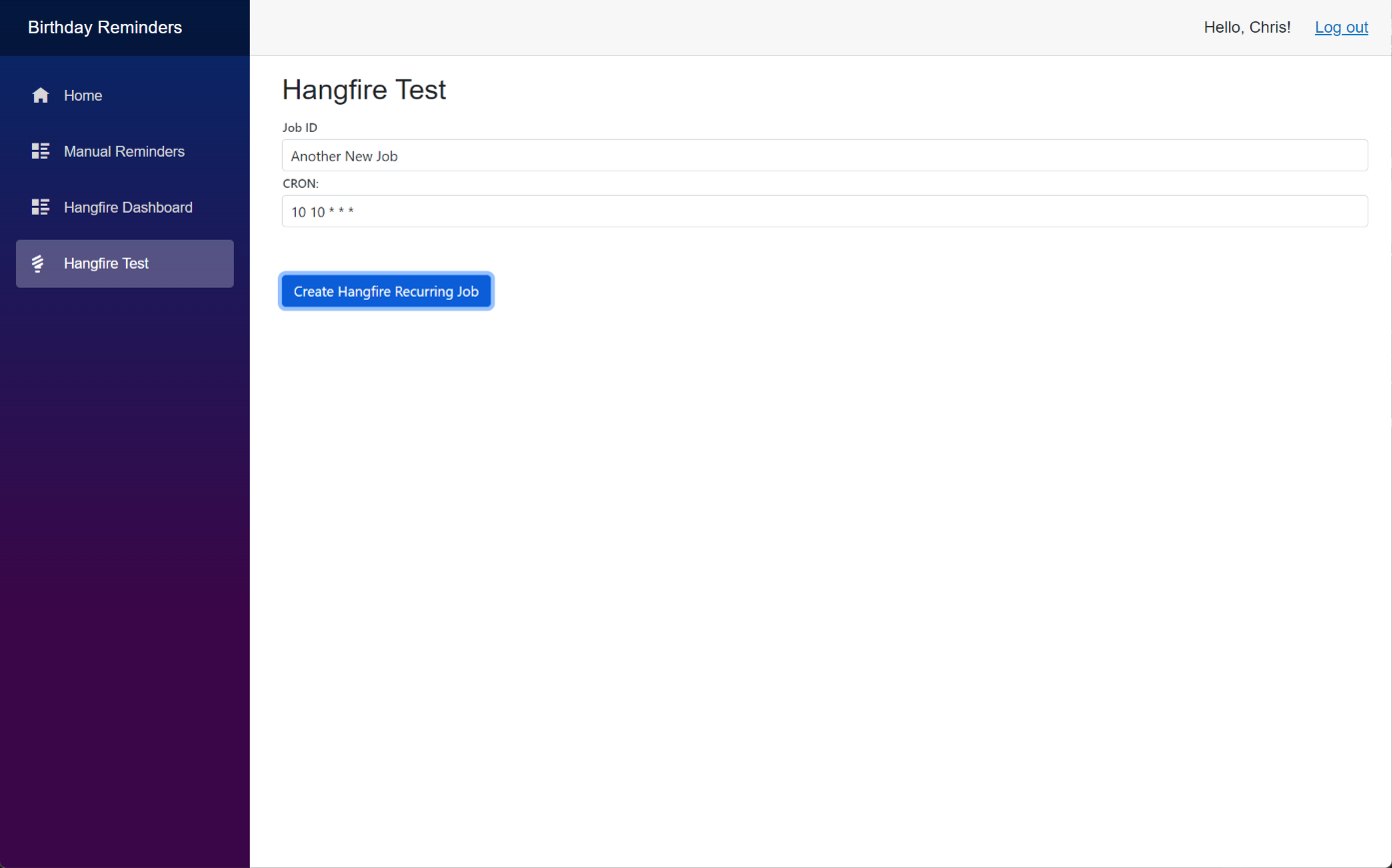 Hangfire - From the User Interface - Birthday Reminders