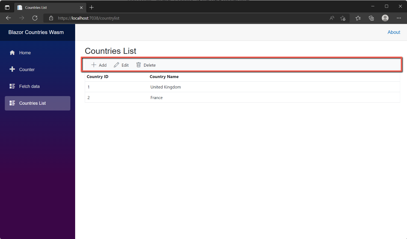 List of Countries - Editing - Blazor Web Assembly