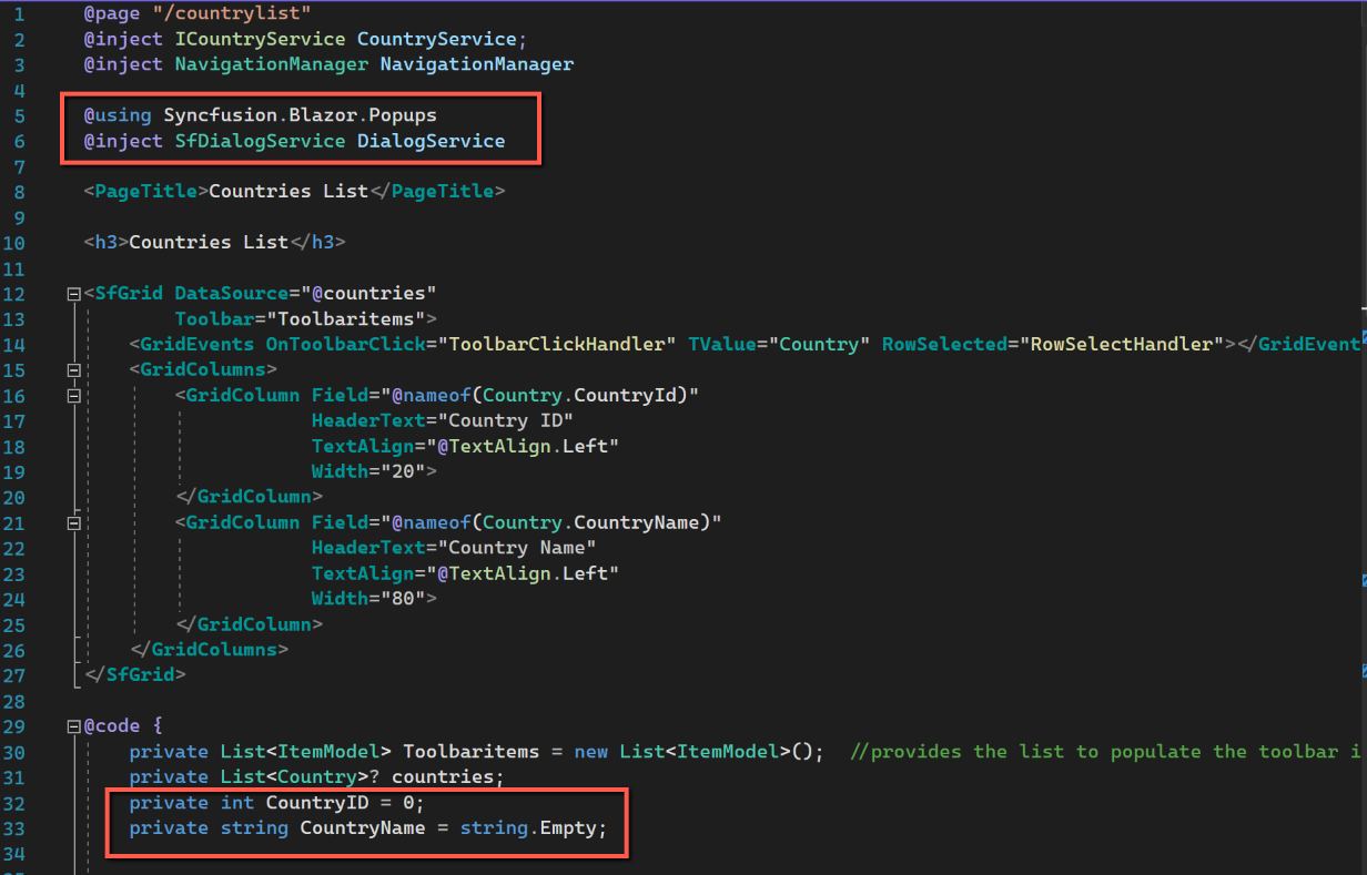 List of Countries - Editing - Blazor Web Assembly